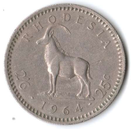 Africa - 1964 Rhodesia 25 cent (2 1/2 shillings) error - lamination ...