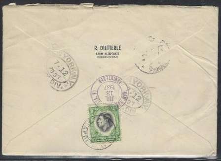 Namibia - SWA 1937 Scarce regd. letter SEEIS/NEW YORK hitherto unseen ...