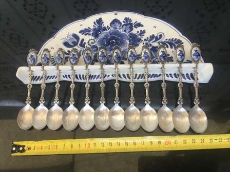 Dutch Porcelain - Delightful Old Delft Porcelain Teaspoon Hanger & 12 ...