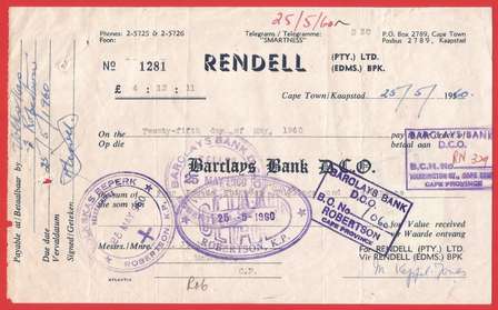 Documents - Union of SA-Barclays Bank D.C.O.-Cheque-1960-Postmark ...