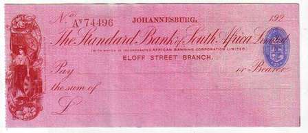 Other South African Bank Notes - CHEQUE UNISSUED 1920 STANDARD BANK ...