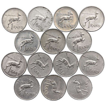 One Rand - Complete set 1977-1990 South Africa Springbok R1 one rand ...