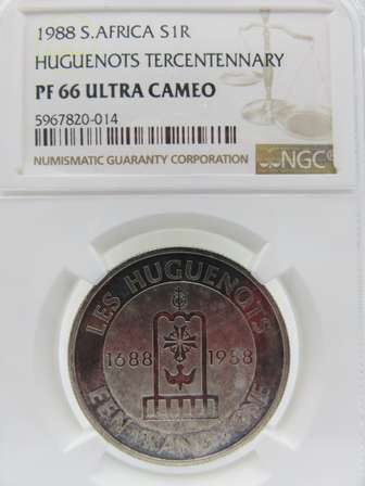 One Rand - 1988 South Africa `Huguenots Tercentennary` Silver R1 NGC ...