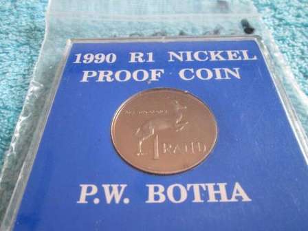 One Rand - 1990 PW Botha R1 Nikkel Proof Coin in Perspex Holder was ...