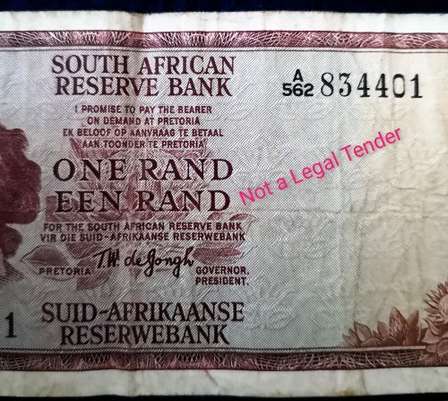 TW de Jongh - 4 x R1 South African Bank Notes TW de Jong Serries was ...