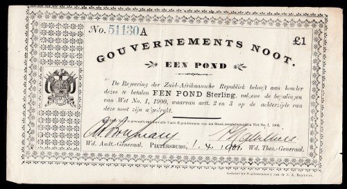 ZAR Bank Notes - Boer War Emergency Een Pond Pietersburg Note 1901 with ...