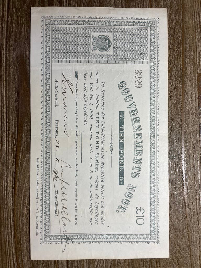 ZAR Bank Notes - ZAR Government war note * 10 pond issue 1900 ...