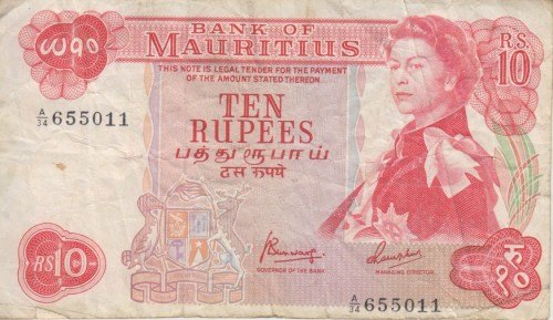 Other International Bank Notes - MAURITIUS 10 RUPEES 1967 sign 4 P31 VG ...