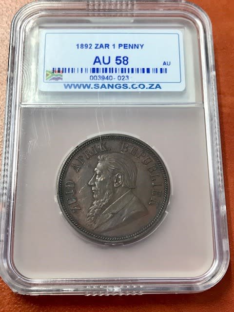 Penny - 1892 Zar PENNY in AU 58. A superb coin with a very high grade ...
