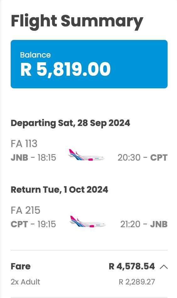 Flights - R1 BIDS | 2X RETURN FLIGHTS | JNB TO CPT | FLYSAFAIR was sold ...