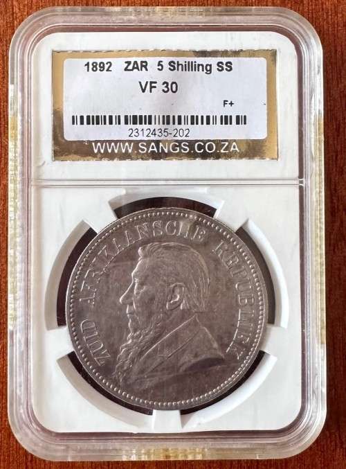 Five Shillings - 1892 ZAR 5 shilling Crown 5S Silver coin SANGS graded ...