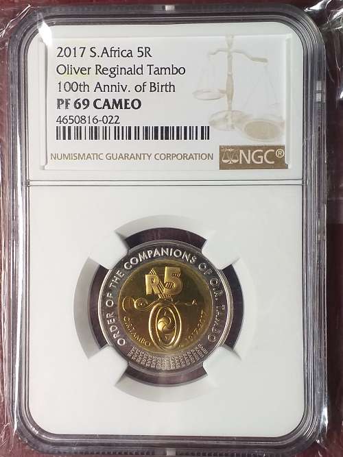 Five Rand - 2017 RSA R5 - OLIVER RIGINALD TAMBO 100 TH ANNIVERSARY OF BIRTH - NGC GRADED PF 69 ...