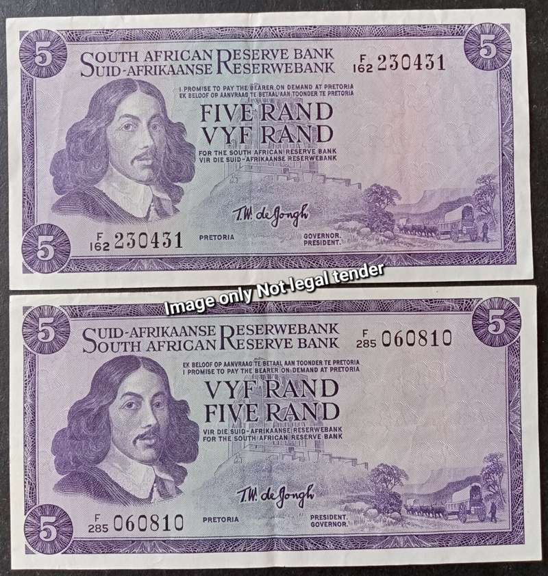 TW de Jongh - Set of x2 T.W de Jongh R5 notes with both Eng/Afr and Afr ...