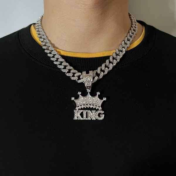 Necklaces - Mens Stunning Iced Out Stainless Steel KINGS CROWN Cuban ...