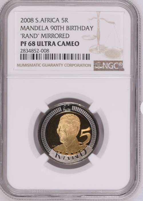 Five Rand - 2008 South Africa R5 Mandela 90th Birthday `Rand` Mirrored ...