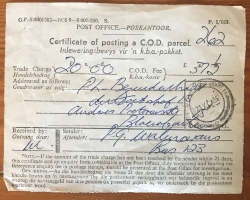 Republic of South Africa - SOUTH AFRICAN POST OFFICE CERTIFICATE of ...