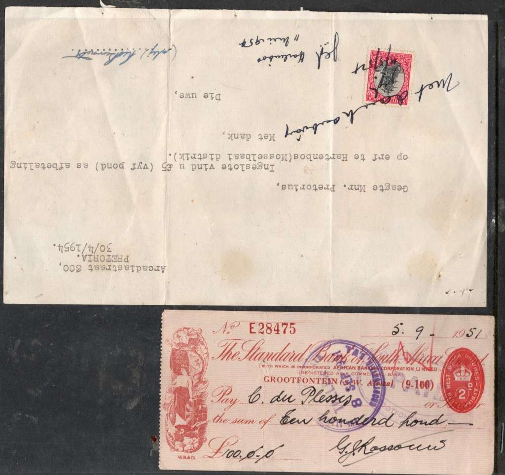 Union of South Africa - S.Africa Standard Bank cheque embossed 1d duty ...