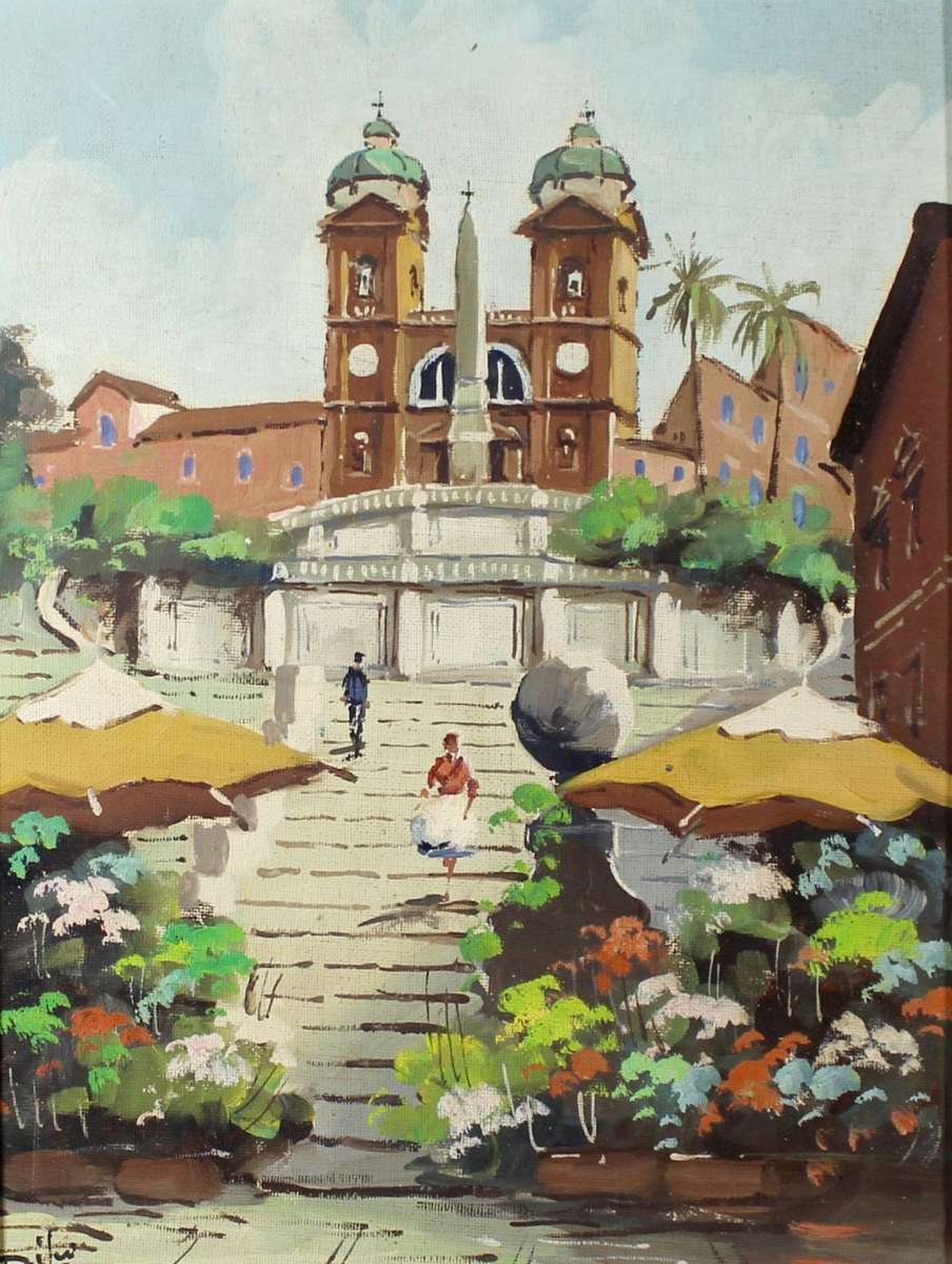 Unknown Artist - Italian scene - Steps in front of the building - Oil ...