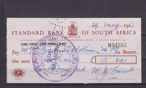 Union of South Africa - CHEQUE 1961 `STANDARD BANK OF SA - LONG STREET ...