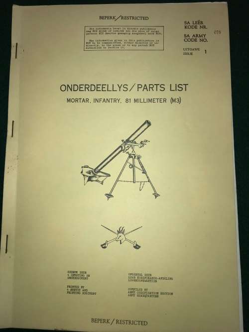 Books - ORIGINAL - SADF - PARTS LIST - M3 - 81MM MORTAR was listed for ...