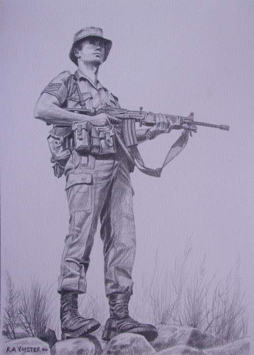Drawings - SADF soldier with R4 rifle. Pencil drawing. was listed for ...