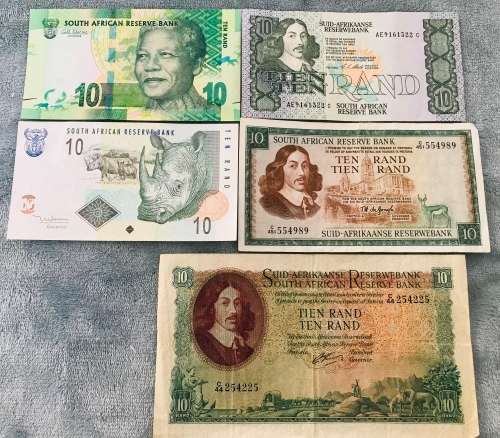 Other South African Bank Notes - 5x R10 Notes in series!!! From old to ...