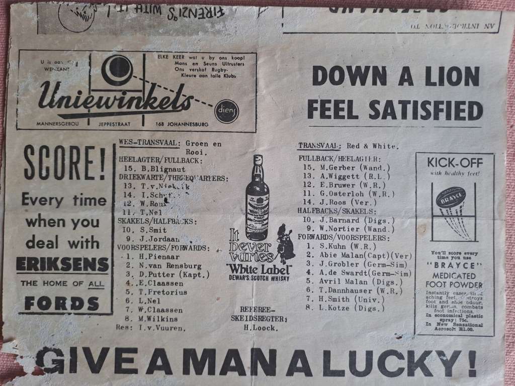 Sporting Memorabilia - Rugby programme - Transvaal v Western Transvaal ...