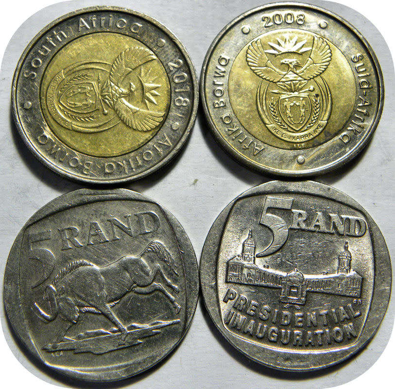 Five Rand - Lustrous Nickel RSA 1994, 2000, 2008, 2018 Mandela R5 coins ...