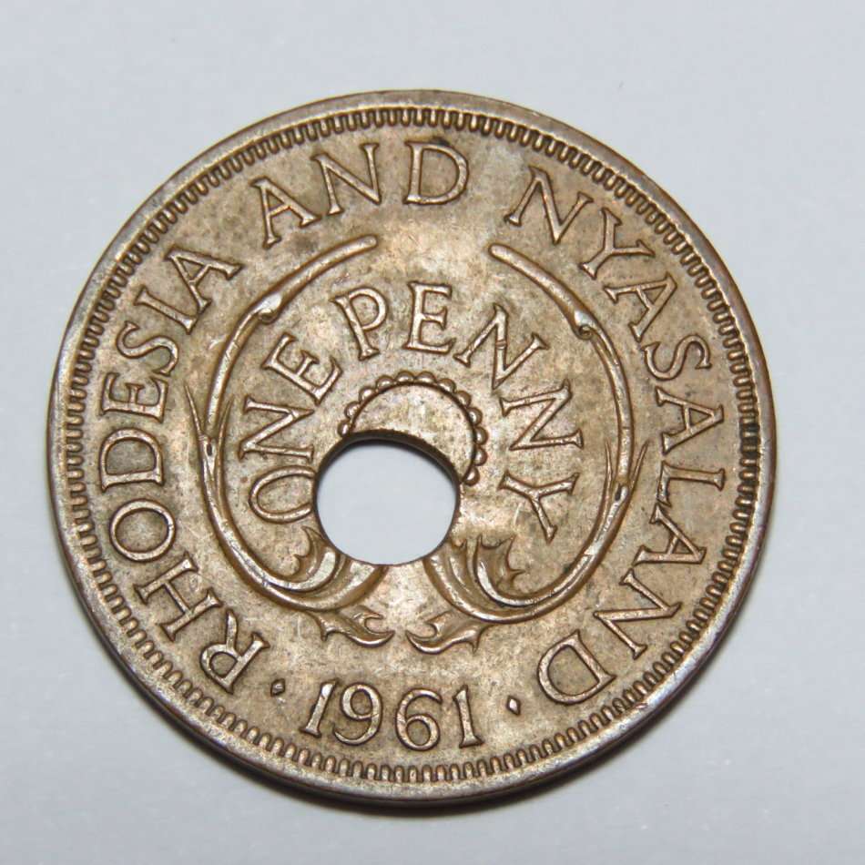 Africa - 1961 Rhodesia and Nyasaland penny with misstruck hole was ...