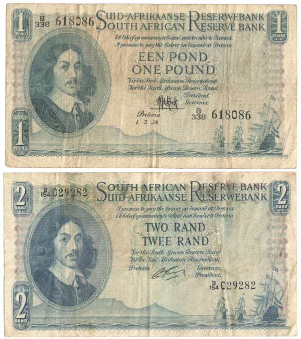 Other South African Bank Notes - Old SA one Pound and R2 notes with ...