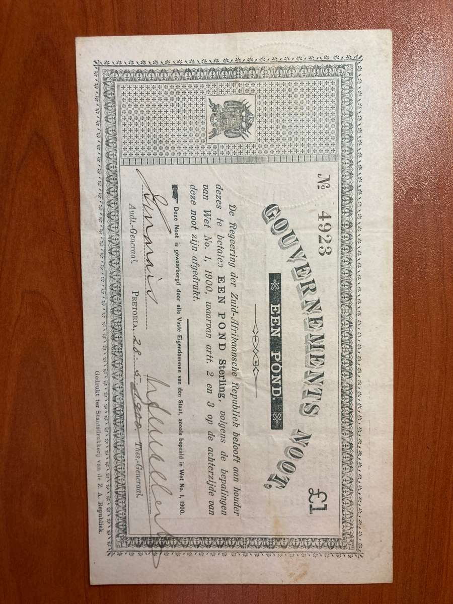 ZAR Bank Notes - Zar Noot- Een pond issued in Pretoria 28-5-1900 for ...