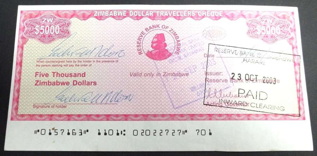 Africa - Zimbabwe Travellers Cheque for 5000 Dollars was sold for R10 ...