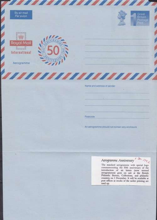 England - Great Britain royal mail aerogramme 50th anniversary. LOOK ...