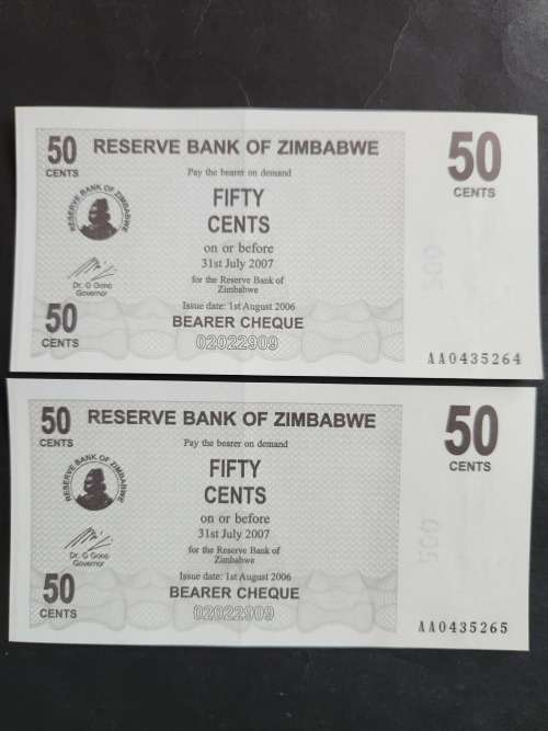 Africa - 2 x Reserve Bank of Zimbabwe 50 Cents Bearer Cheque 1 August ...