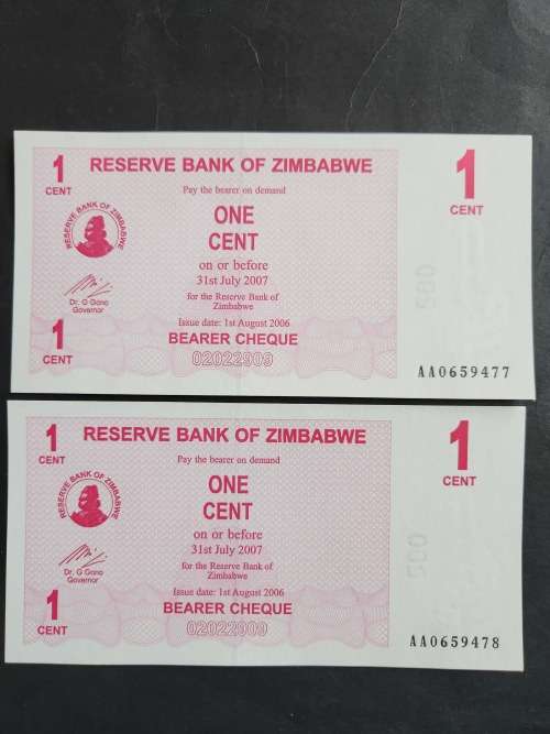 Africa - 2 x Reserve Bank of Zimbabwe One Cent Bearer Cheque 31 July ...