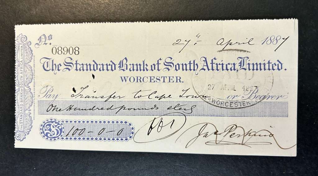 Numismatic collectables - Standard Bank of South Africa cheque of 1887 ...