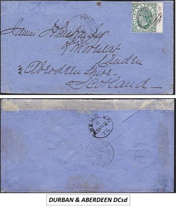 Natal - 1875 Natal Cover to Scotland. 1/- Tied to Cover by BONC `3 ...