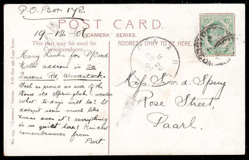 Cape of Good Hope - CAPE OF GOOD HOPE 1906 POSTCARD WITH SCARCE `PAARL ...