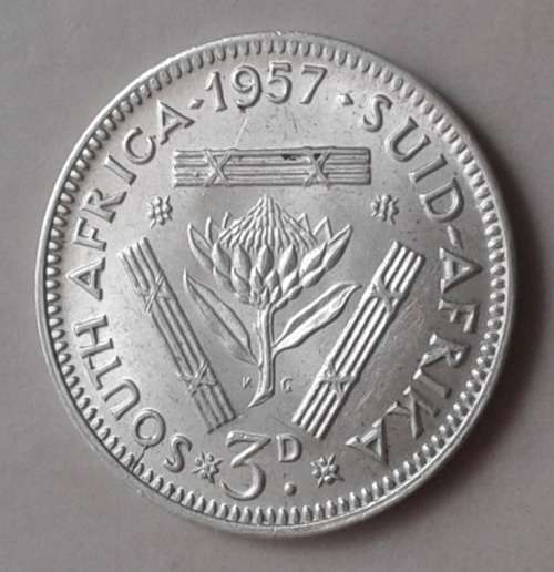 Threepence - High grade 1957 Union silver tickey with reverse and ...