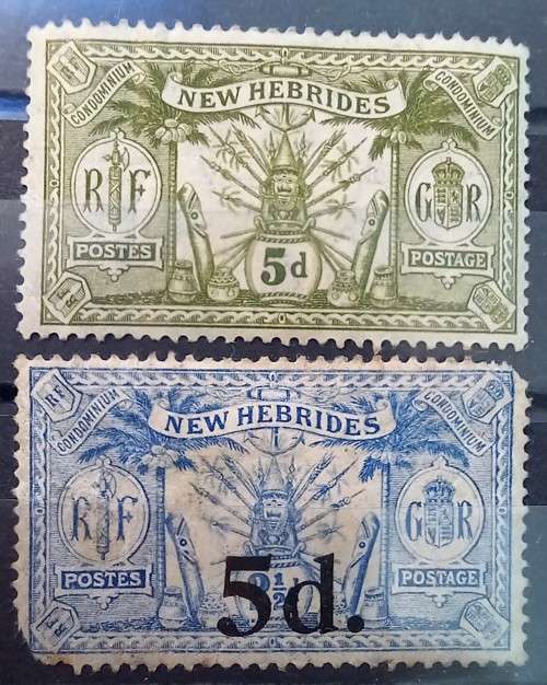 Colonial Britain - New Hebrides 5d over 2 /2d used (poor) + 5d 1911 was ...