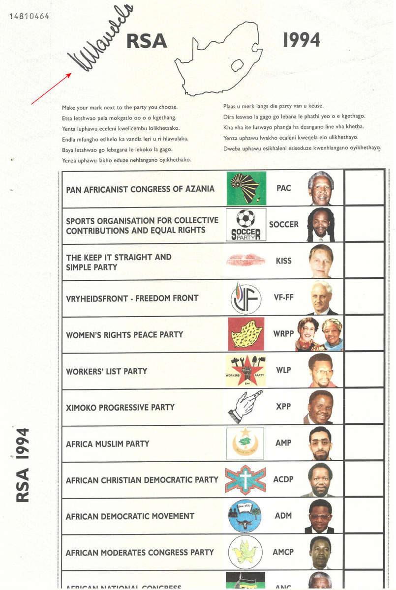 Republic of South Africa - 1994 National Ballot Paper with MANDELA ...