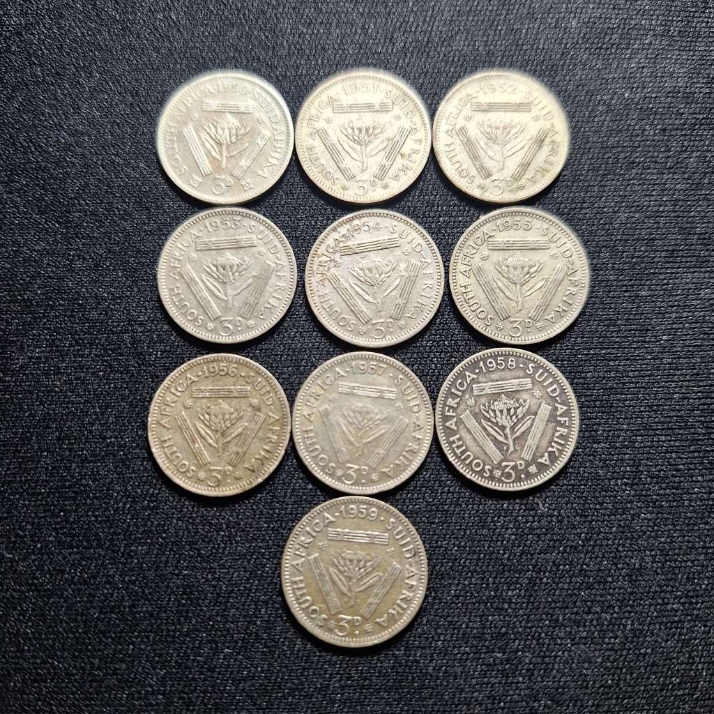 Threepence - 1950 - 1959 South Africa 3 Pence Coins (Tickey) for sale ...