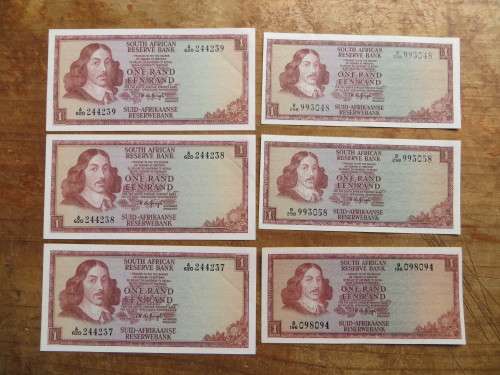 TW de Jongh - Springbok Watermark De Jongh R1 Notes with 3 Cons. No`s ...