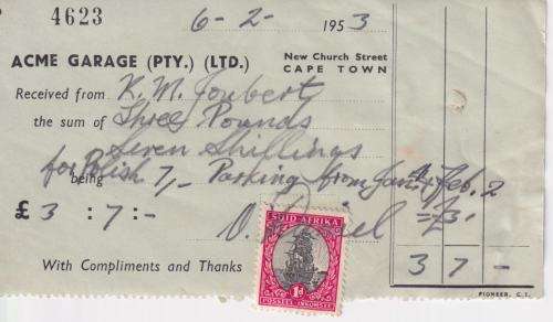 Documents - SOUTH AFRICA - ACME GARAGE RECEIPT - 1953 - WITH REVENUE ...