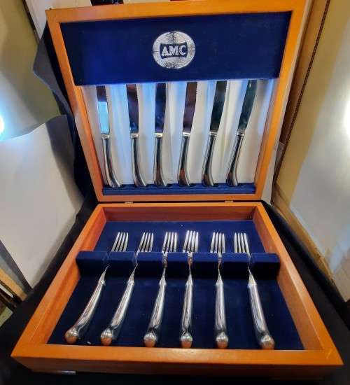 Other Metalware - 12 pc AMC Knife and Fork set in wooden box was listed ...