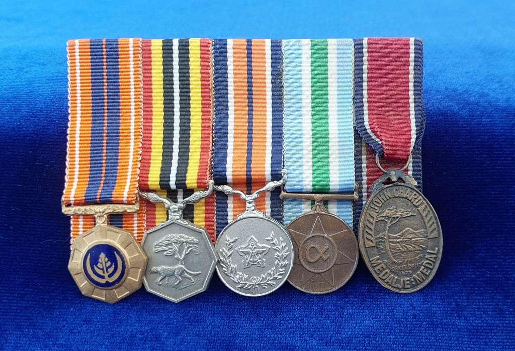 SADF & SANDF - - Court Mounted Miniature Group of 5 x SADF Medals - for ...