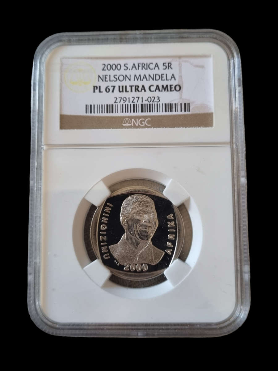 2000 R5 - South Africa: 2nd Highest Grade 2000 Mandela Prooflike R5 . NGC PL67 UC was sold for ...