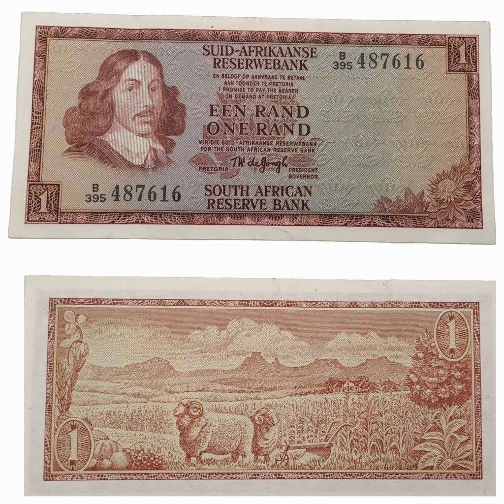 TW de Jongh - South Africa T.W. de Jongh 1975 One Rand Note Prefix B395 ...