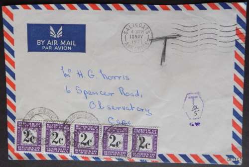 Republic of South Africa - Envelope - Strip of 5x2c S.A. Postage Due ...