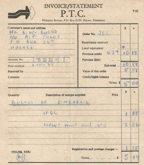 Zimbabwe, Rhodesia & Nyasaland - 1988- Invoice- Statement(P.T.C ...
